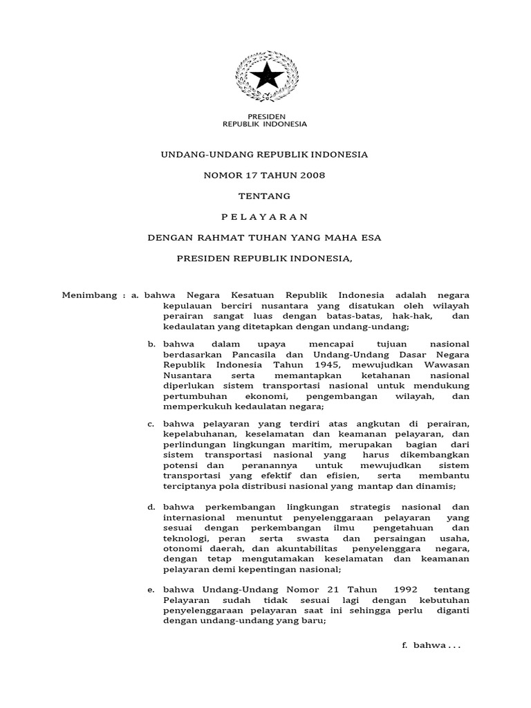 UU No. 17 Tahun 2008 Pelayaran | PDF