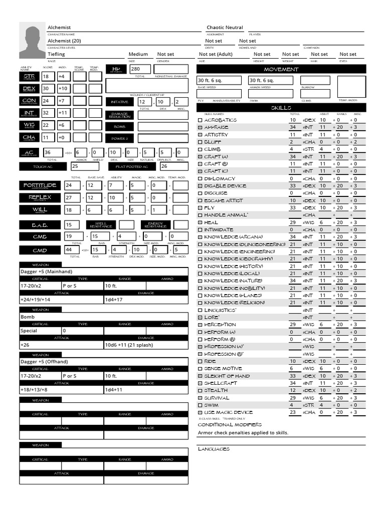 Pathfinder Alchemist Character Sheet | PDF