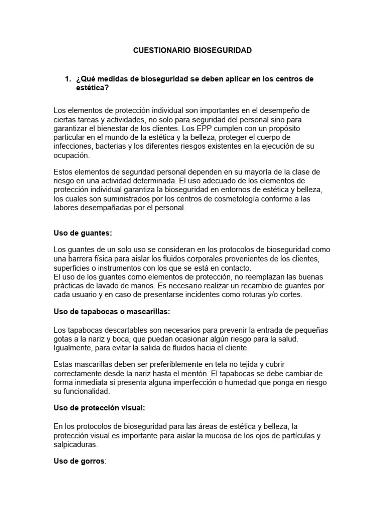 Cuestionario Bioseguridad | PDF | Lavado de manos | Medicina