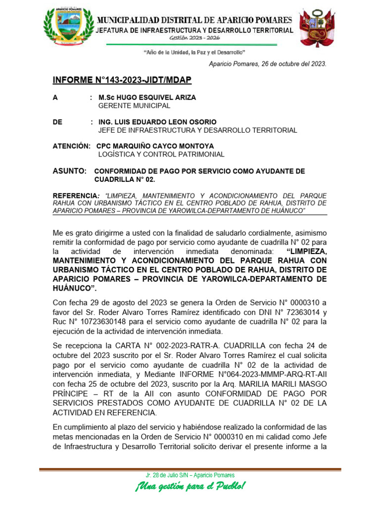 Informe N°143-2023 - Conformidad de Pago Ayudante de Cuadrilla #02 Rahua Lurawi | PDF | Finanzas ...