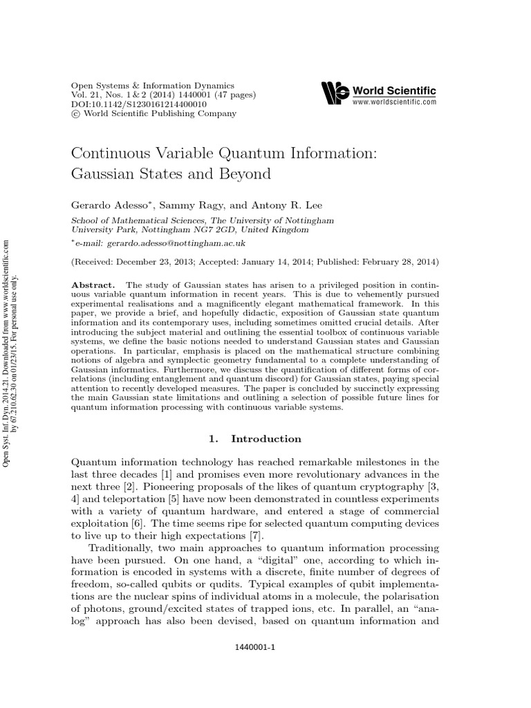 Continuous Variable Quantum Information An Beyond | PDF | Quantum Mechanics | Matrix (Mathematics)