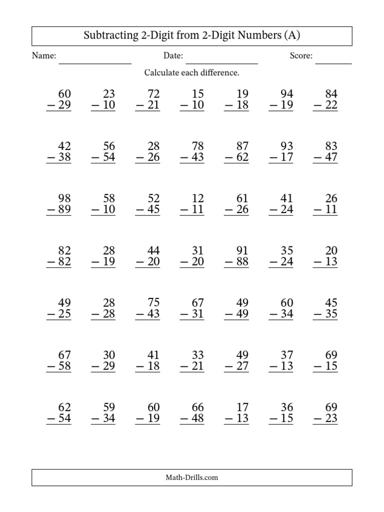 Subtraction Worksheet - Subtracting 2-Digit From 2-Digit Numbers With ...