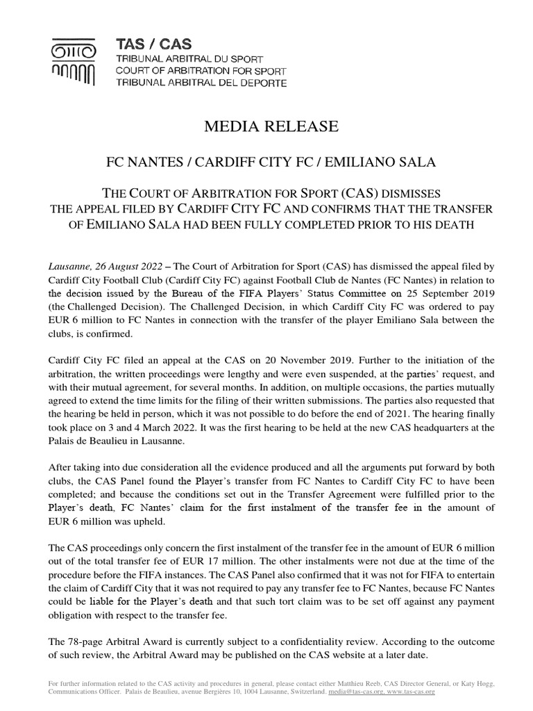 CAS Rules on Emiliano Sala Transfer | PDF | Justice | Crime & Violence