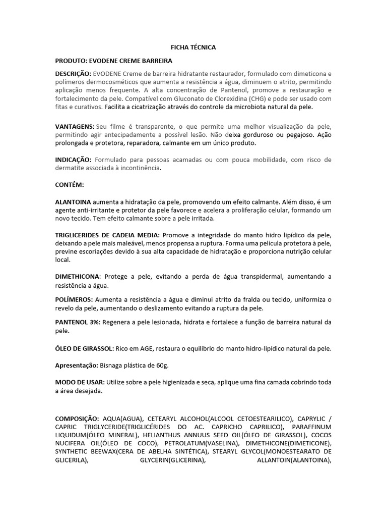 Ficha Tecnica Creme Barreira Evodene | PDF