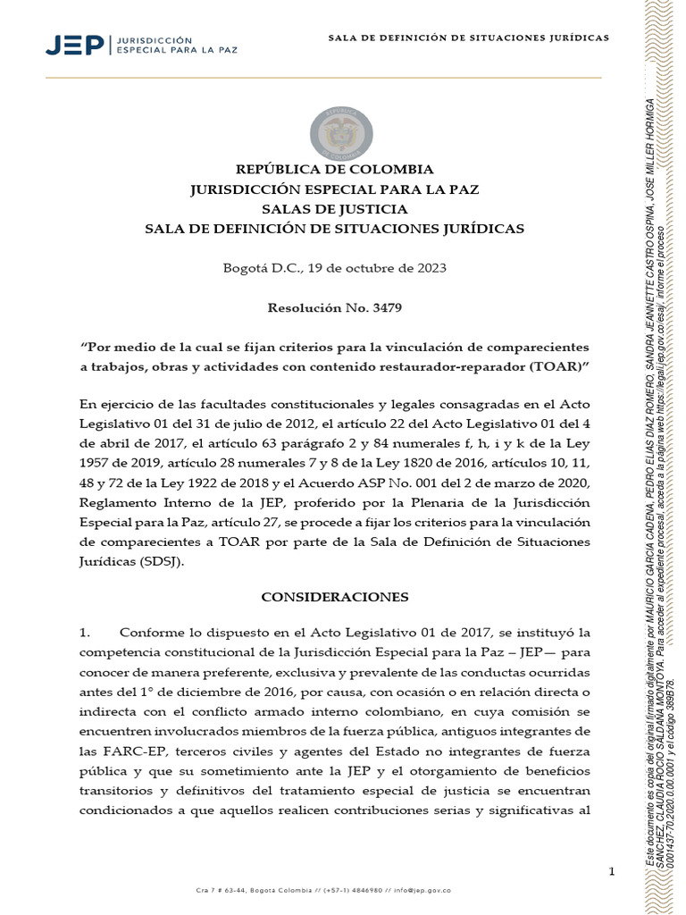 Criterios para TOAR en la JEP | PDF | Derecho penal | Crímenes