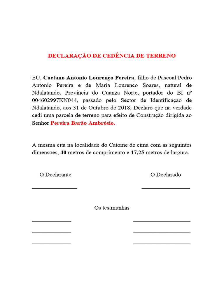 Declaracao de Cedencia de Terreno | PDF