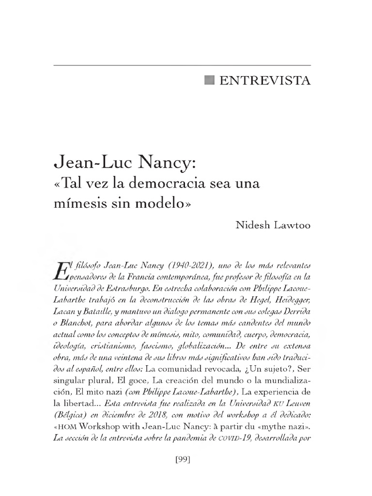 Jean-Luc Nancy Tal Vez La Democracia Sea Una Mímesis | PDF | Platón ...