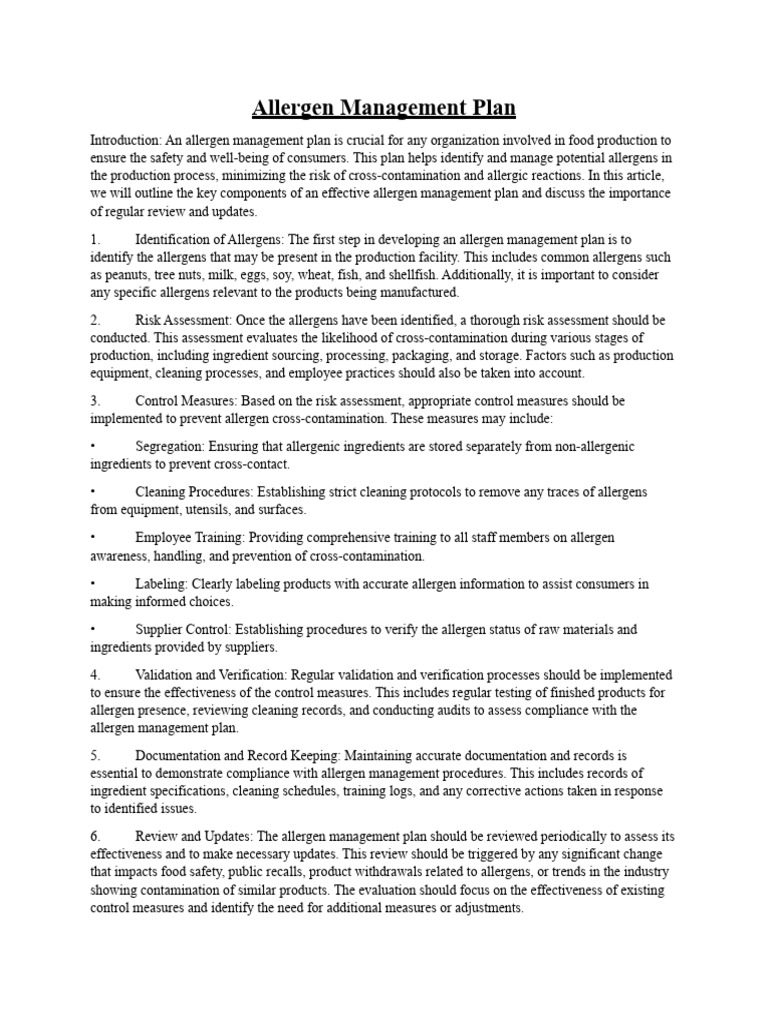 Allergen Management Plan | PDF | Allergen | Business