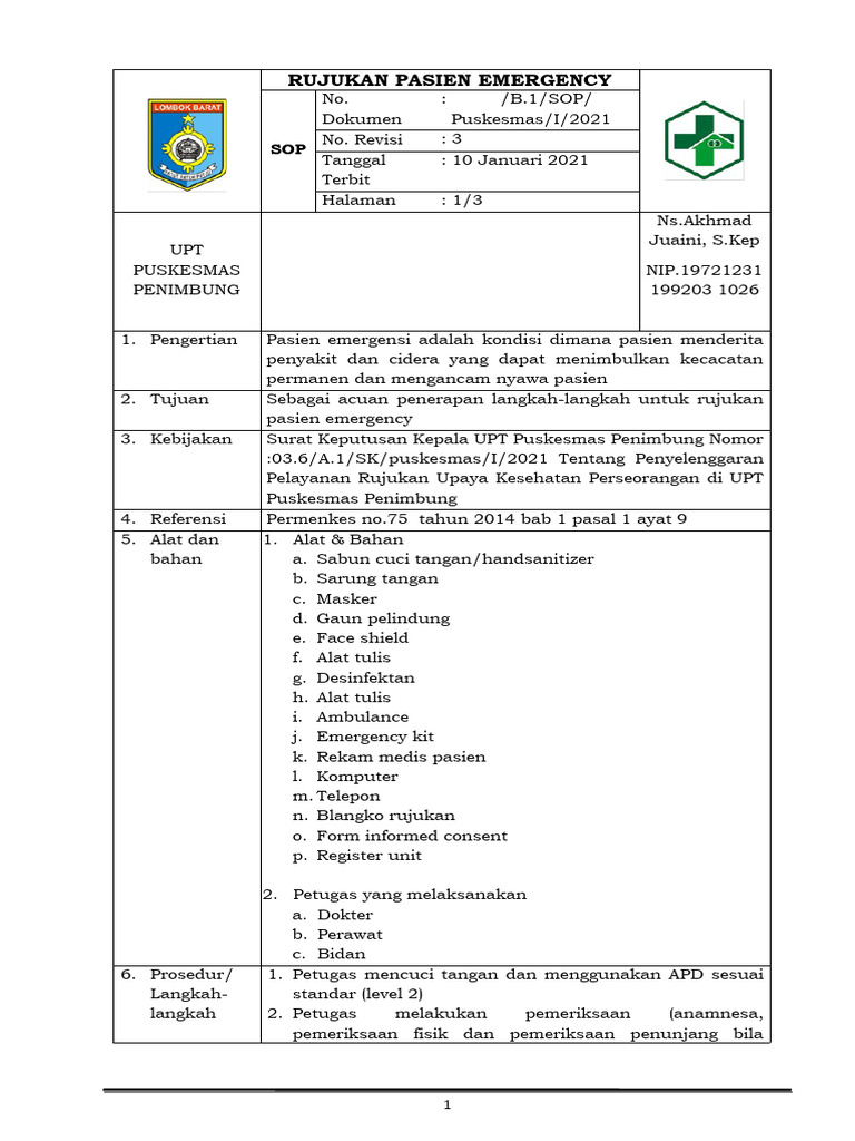 Sop 2021 Rujukan PX Emergency | PDF
