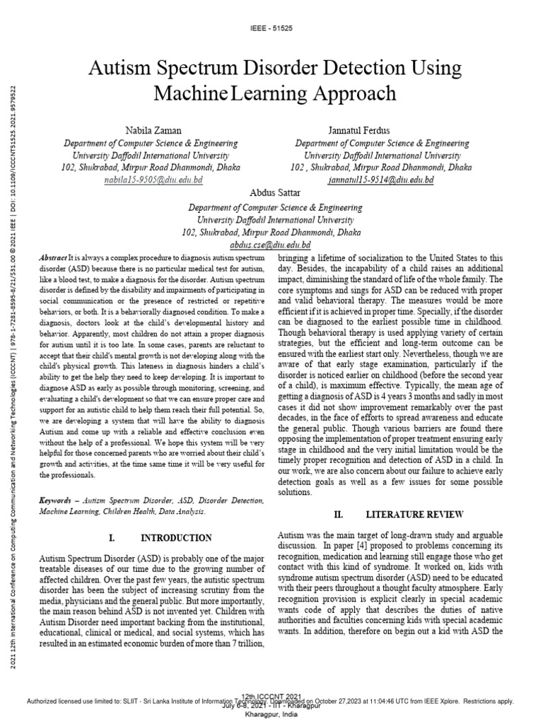 Autism Spectrum Disorder Detection Using Machine Learning Approach Pdf
