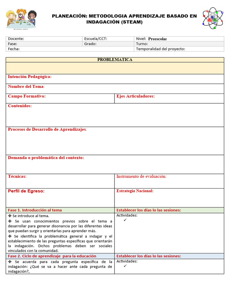 Formato Planeación Aprendizaje Basado en Indagación. STEAM . | PDF | Aprendizaje | Evaluación