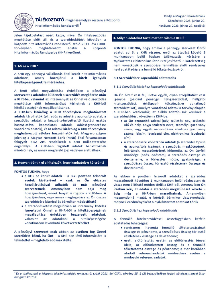 MNB KHR Tajekoztato | PDF