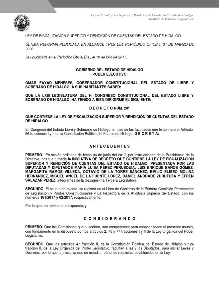Ley de Fiscalización en Hidalgo 2023 | PDF | Auditoría | Responsabilidad