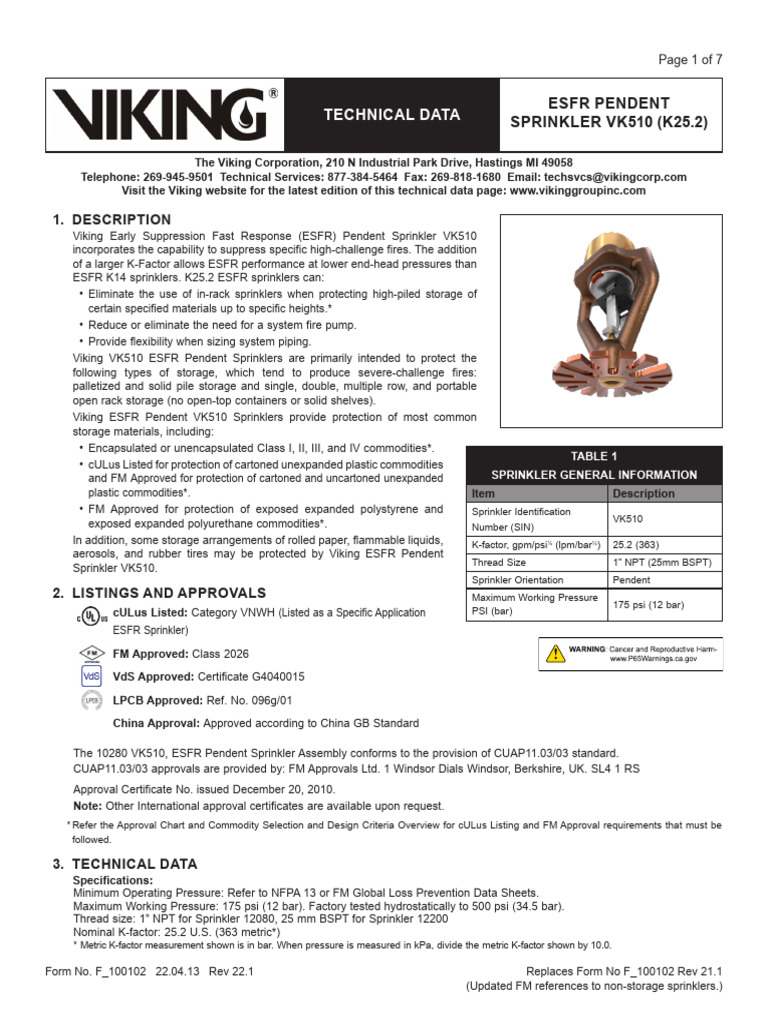 Viking K25 ESFR | PDF | Fire Sprinkler System | Materials