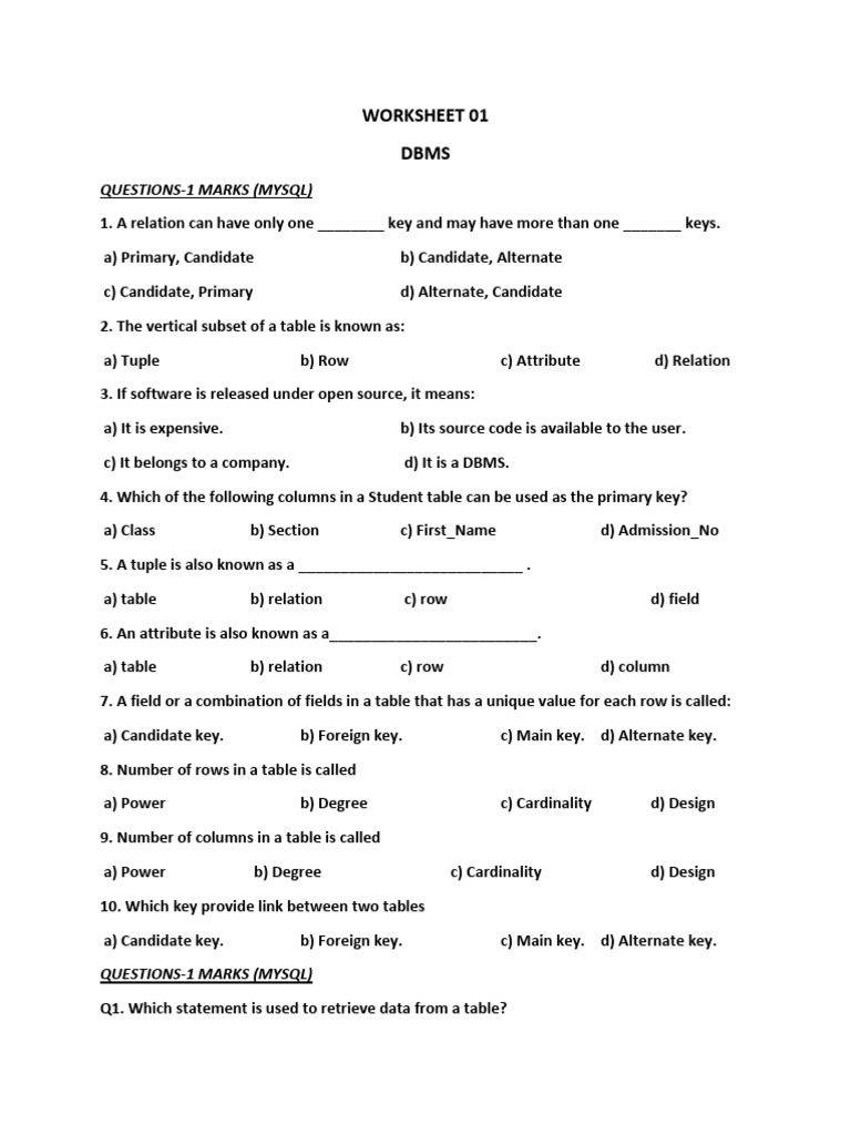 Worksheet 01 Dbms | PDF | Table (Database) | Databases Worksheet 01 Dbms | PDF | Table (Database) | Databases