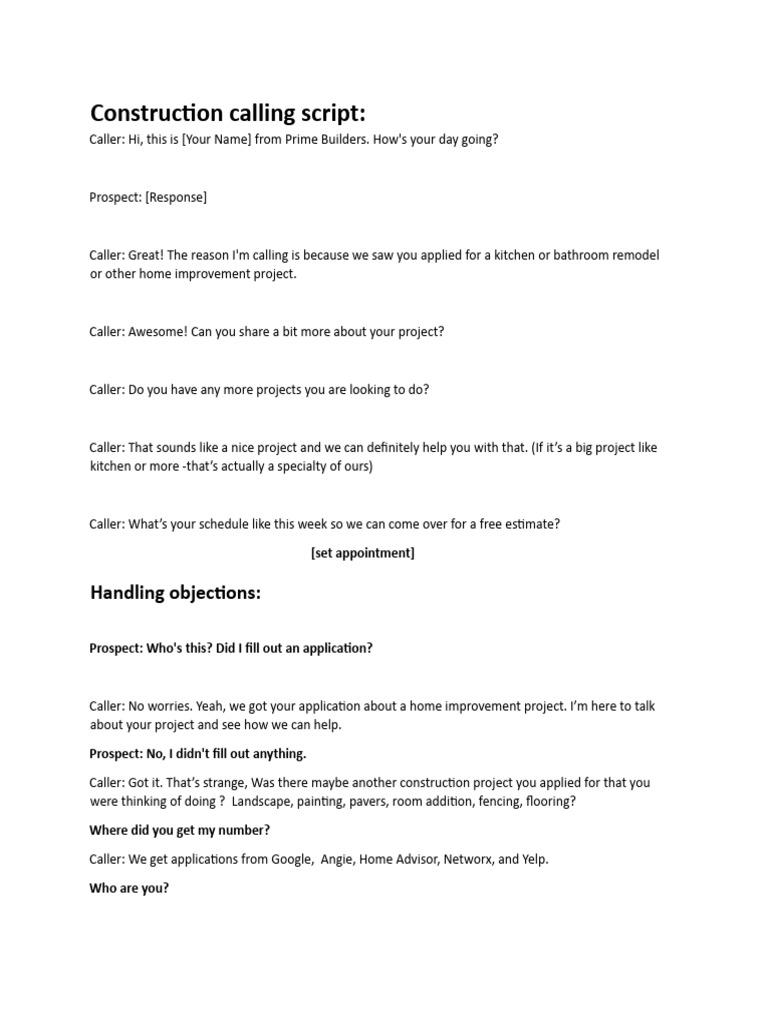 Construction Calling Script:: Handling Objections | PDF
