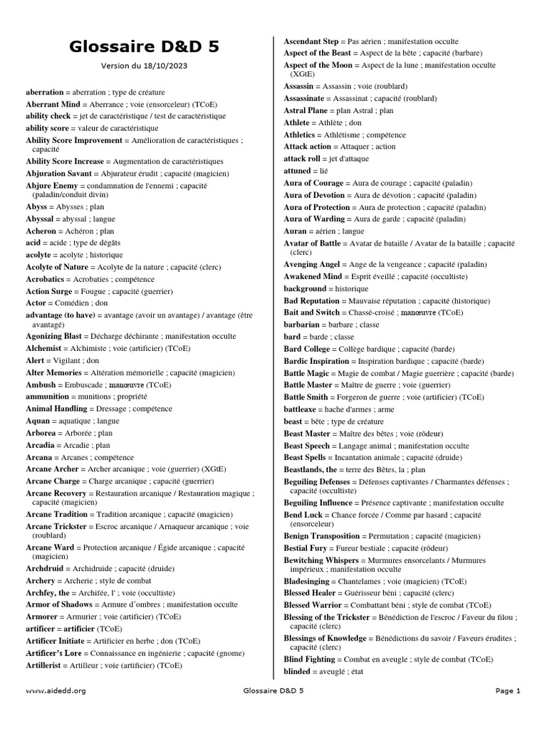 Glossaire D&D 5 - Termes et Définitions | PDF