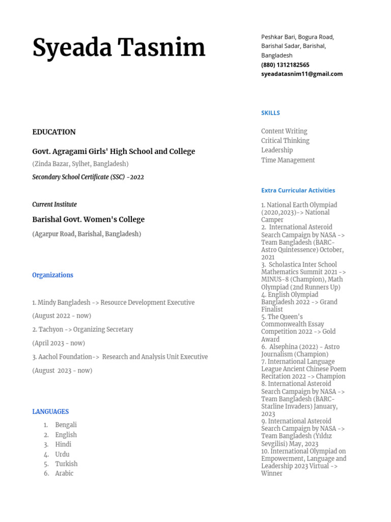 CV - Syeada Tasnim - Syeada Farhana Sultana | PDF