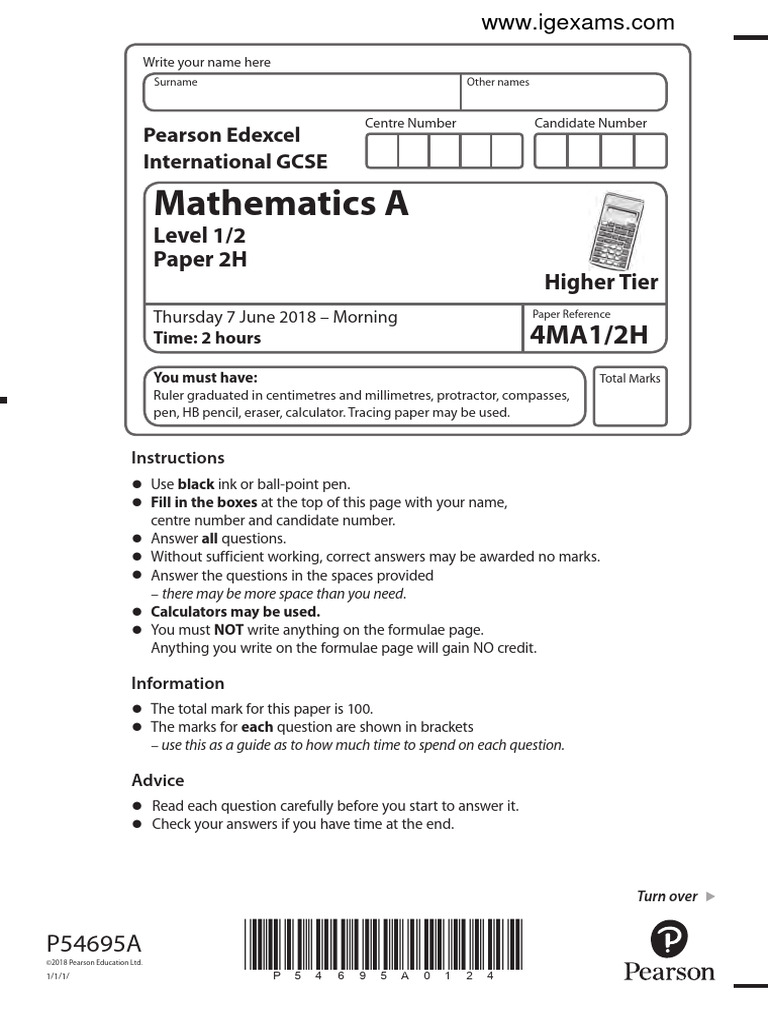 June 2018 QP - Paper 2H Edexcel Maths (A) IGCSE | PDF | Area | Triangle