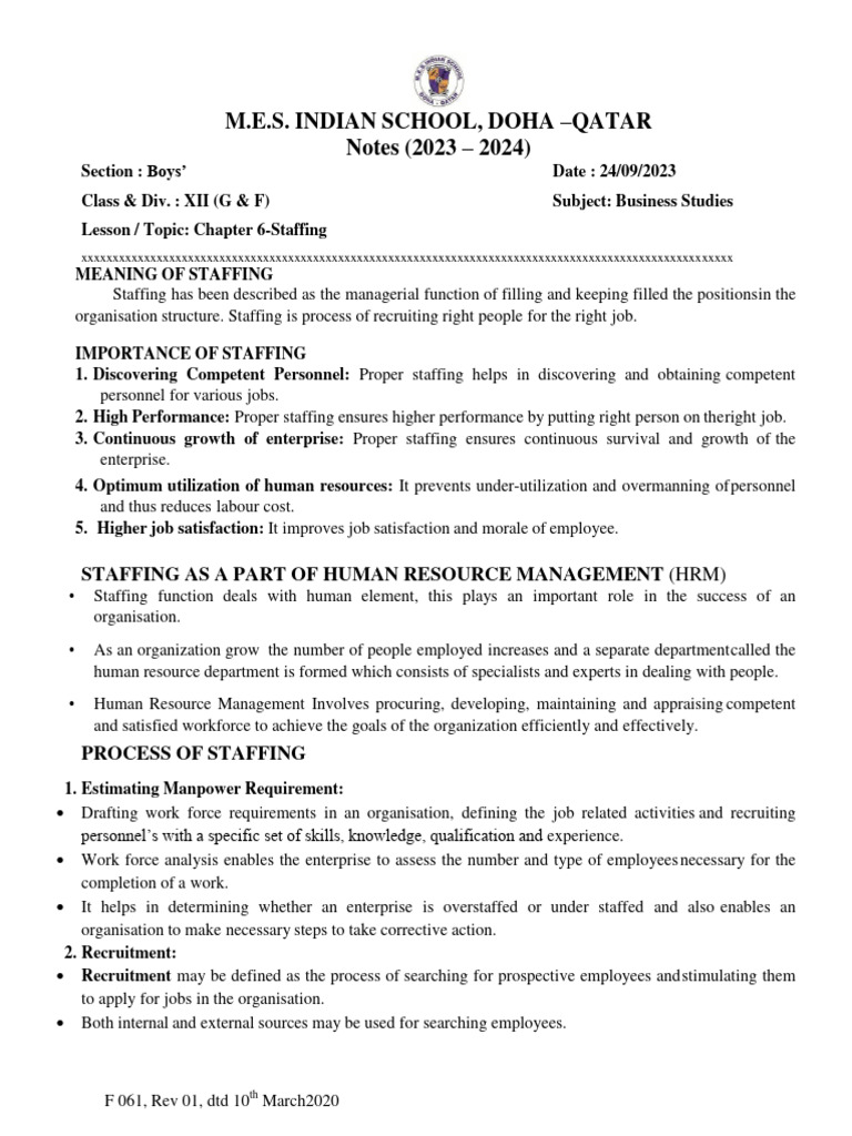 Staffing Process in Business Studies Class 12 | PDF | Recruitment ...