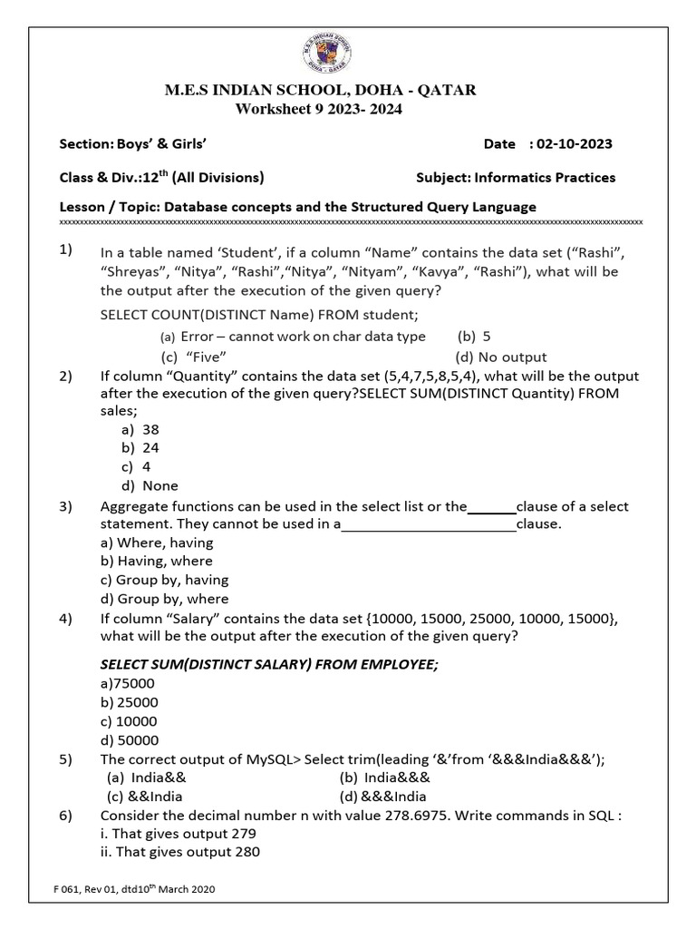 Worksheet 9-Mysql Functions - 231006 - 173703 | PDF | Data ...