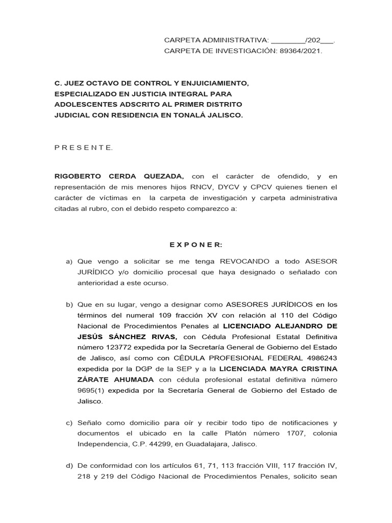 Escrito Nombra Asesor Juzgado de Control Rigoberto Cerda Quezada | PDF