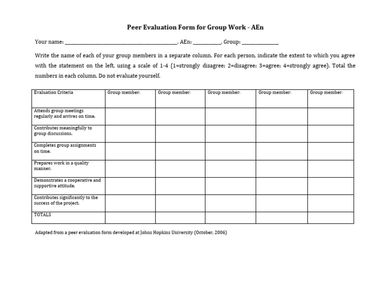 Peer Evaluation Form For Group Work | PDF
