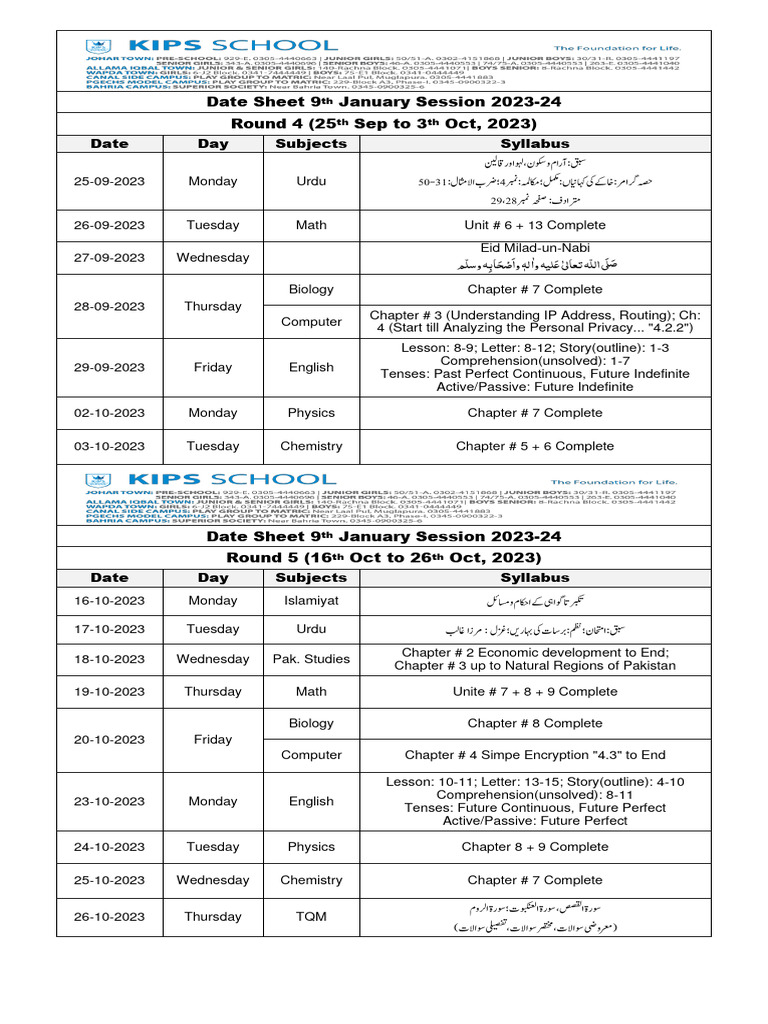 Date Sheet Round 4 + 5 9th Jan Session 2023-24 | PDF | Languages ...
