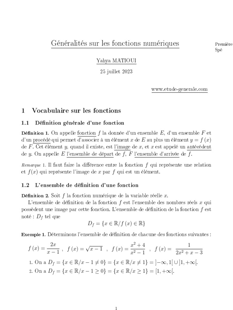 Generalite Sur Les Fonctions 1SPE - WWW - Etude Generale - Com | PDF ...