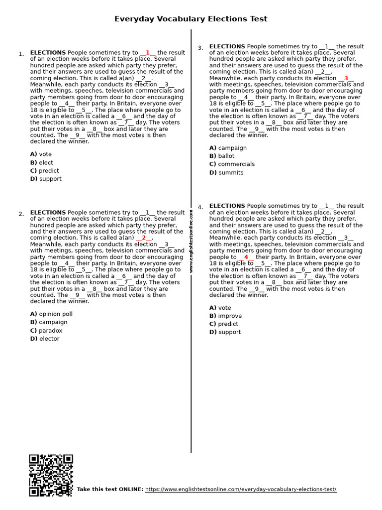 208 - Everyday Vocabulary Elections Test | PDF | Voting | Elections