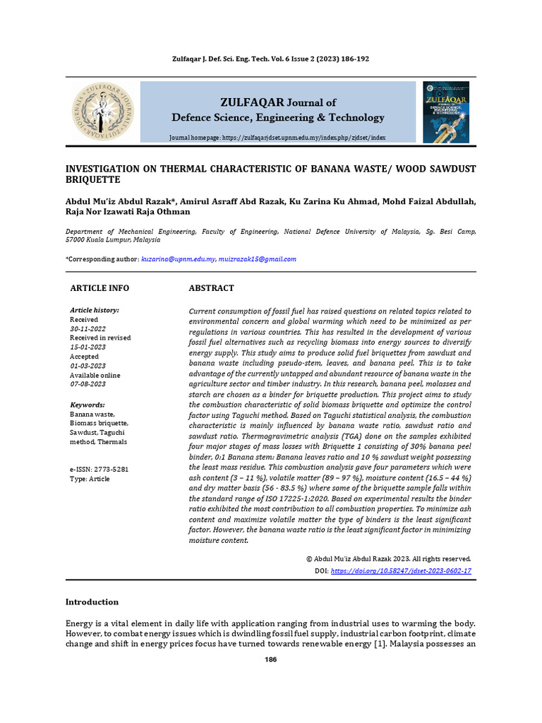 Investigation On Thermal Characteristic of Banana Waste Wood Sawdust Briquette - PUBLISHED | PDF ...