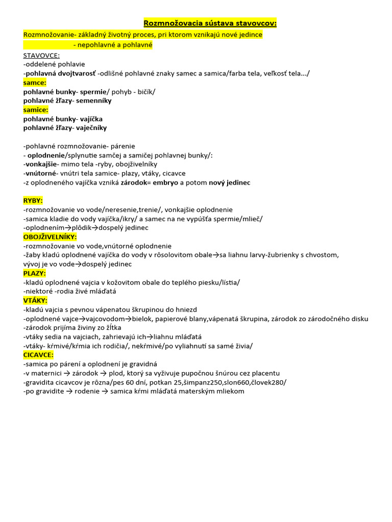 Rozmnožovacia Sústava Stavovcov - Poznámky Nové | PDF