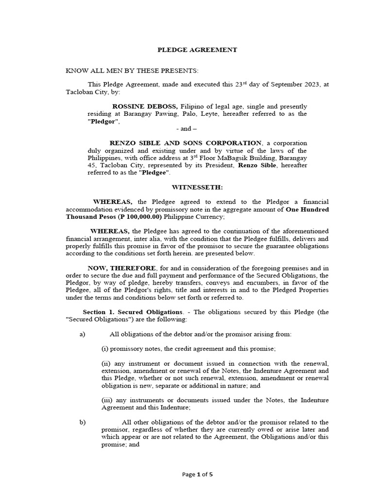 Pledge Agreement | PDF | Mortgage Law | Business Law