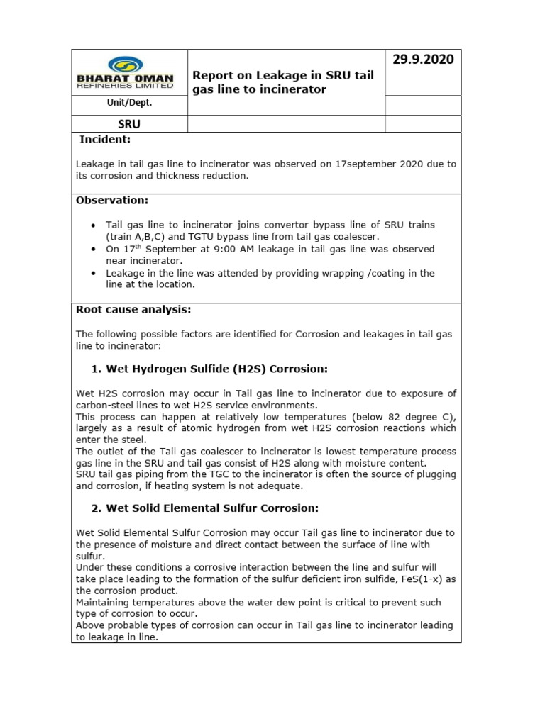 SRU Plant Tail Gas Line Leakage To Incinerator | PDF