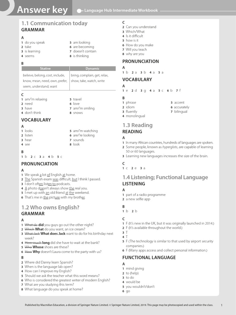 LH Intermediate Workbook Answer Key | PDF | Multilingualism | Linguistics