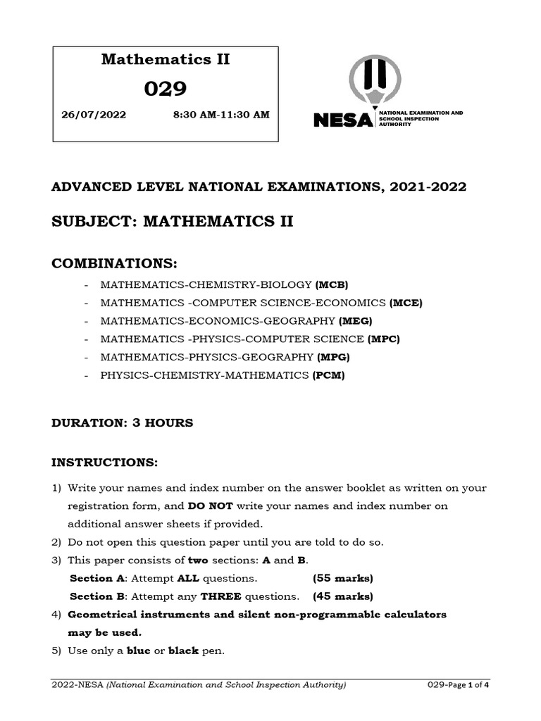 Mathematics National Exam 2022 Paper | PDF | Equations | Matrix ...
