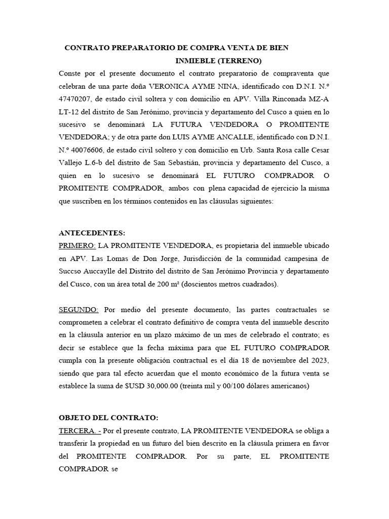 Contrato Preparatorio de Compra Venta de Bien Inmieble | PDF