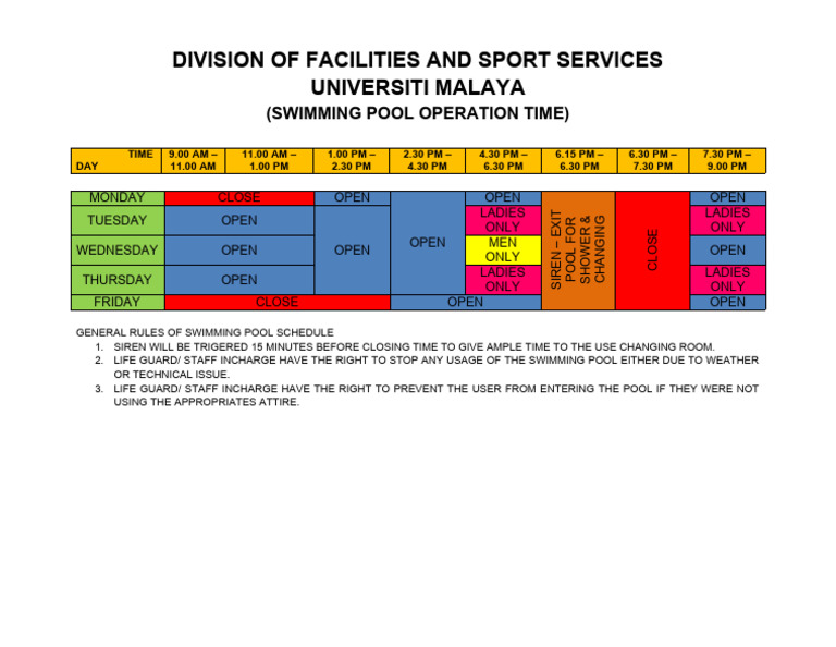Universiti Malaya Swimming Pool Hours | PDF