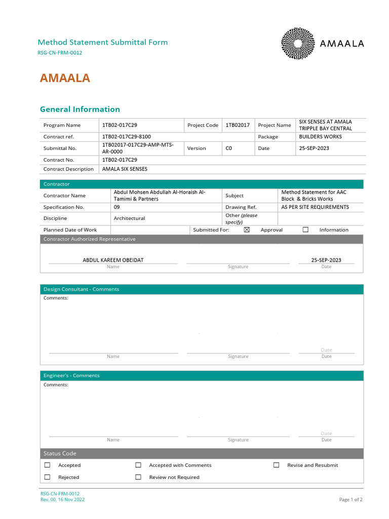 Method Statement, ITP & Riskassesment For AAC Block & Bricks Works ...