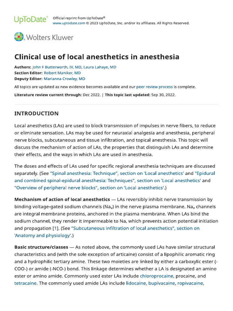 Clinical Use of Local Anesthetics | PDF