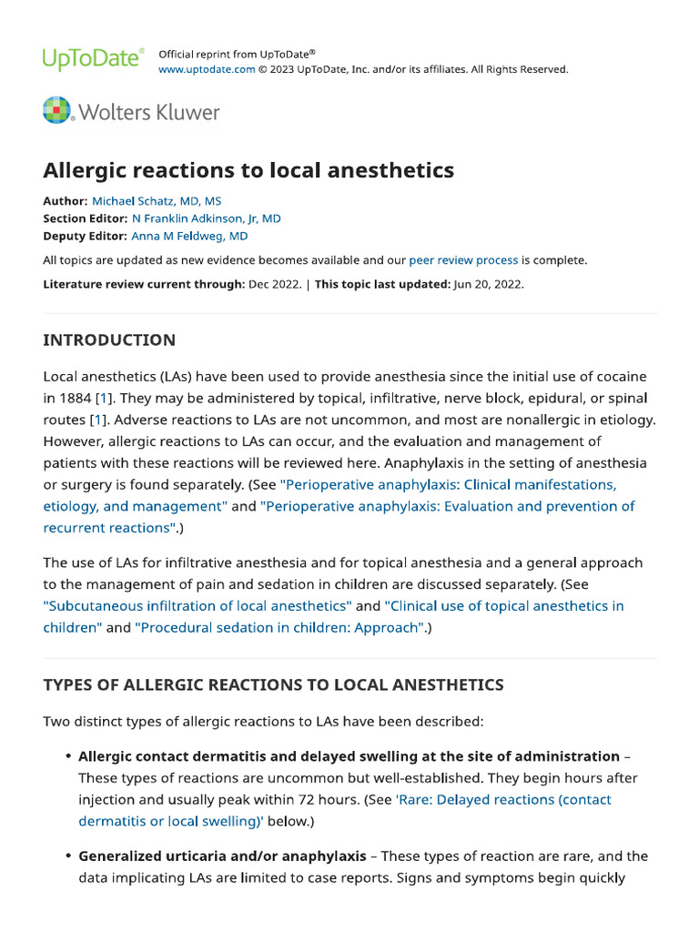 Allergic Reactions To Local Anesthetics | PDF