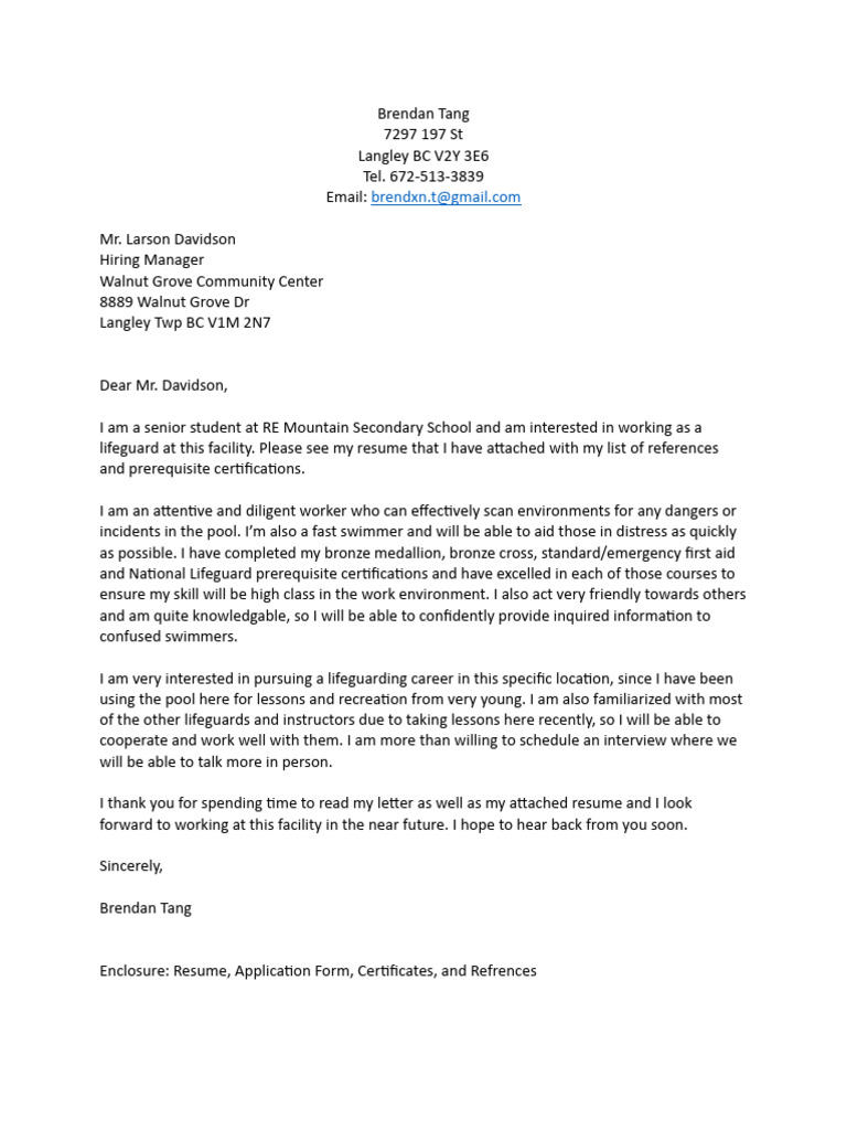 Lifeguard Job Application Letter | PDF