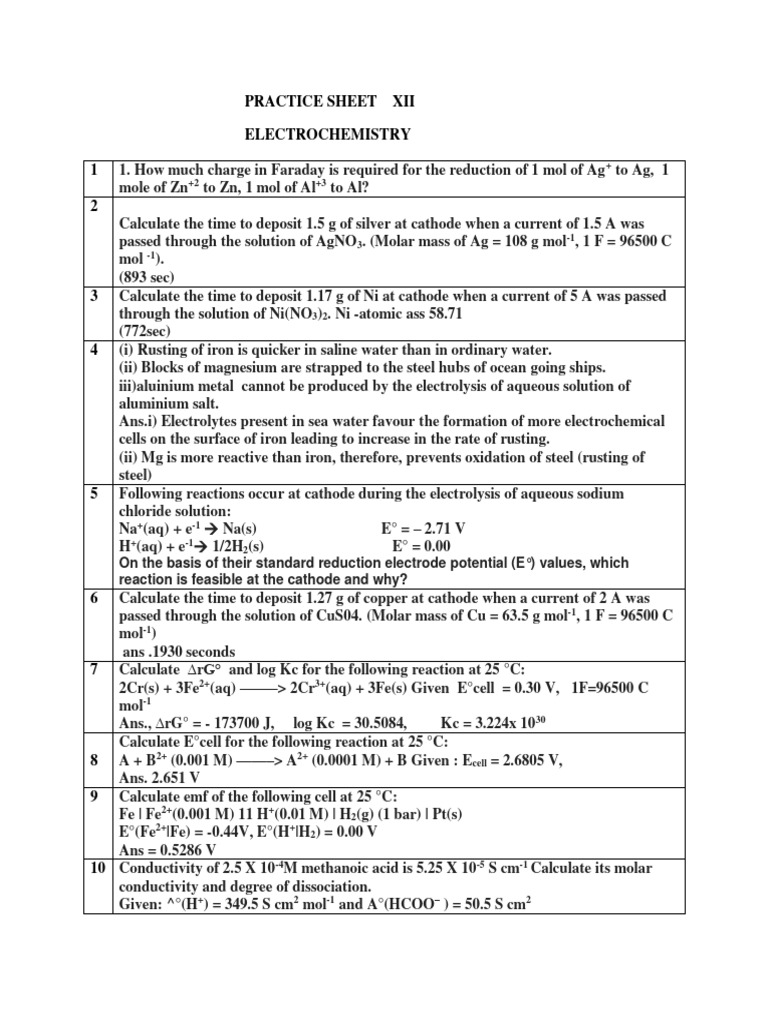 Practice Sheet - Electrochemistry | PDF | Electrochemistry | Chemical ...