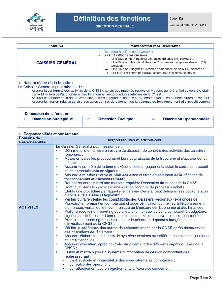 Fiche Fonction Caissier Général | PDF