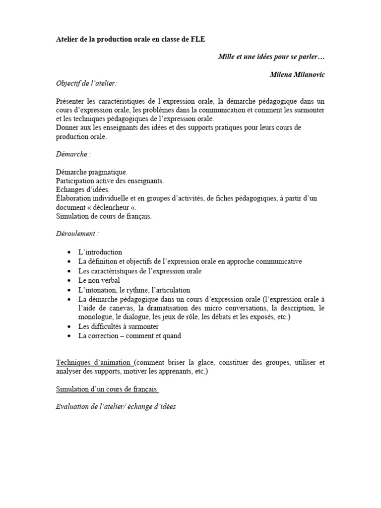 Atelier de La Production Orale en Classe de FLE | PDF