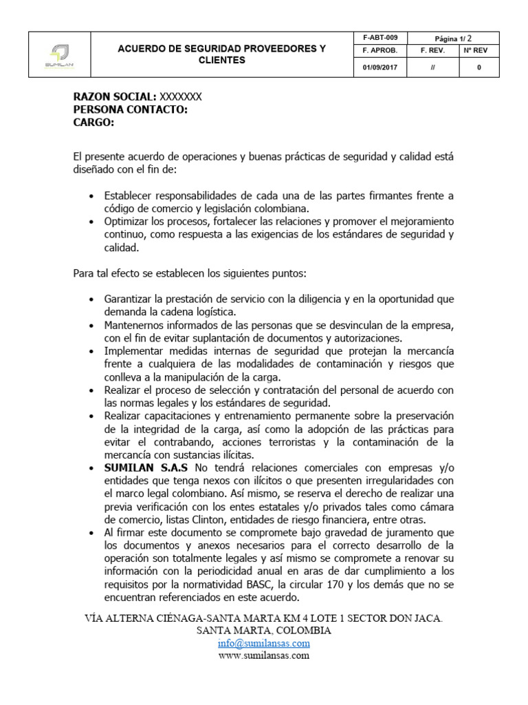 Acuerdo de Seguridad Clientes Proveedores | PDF