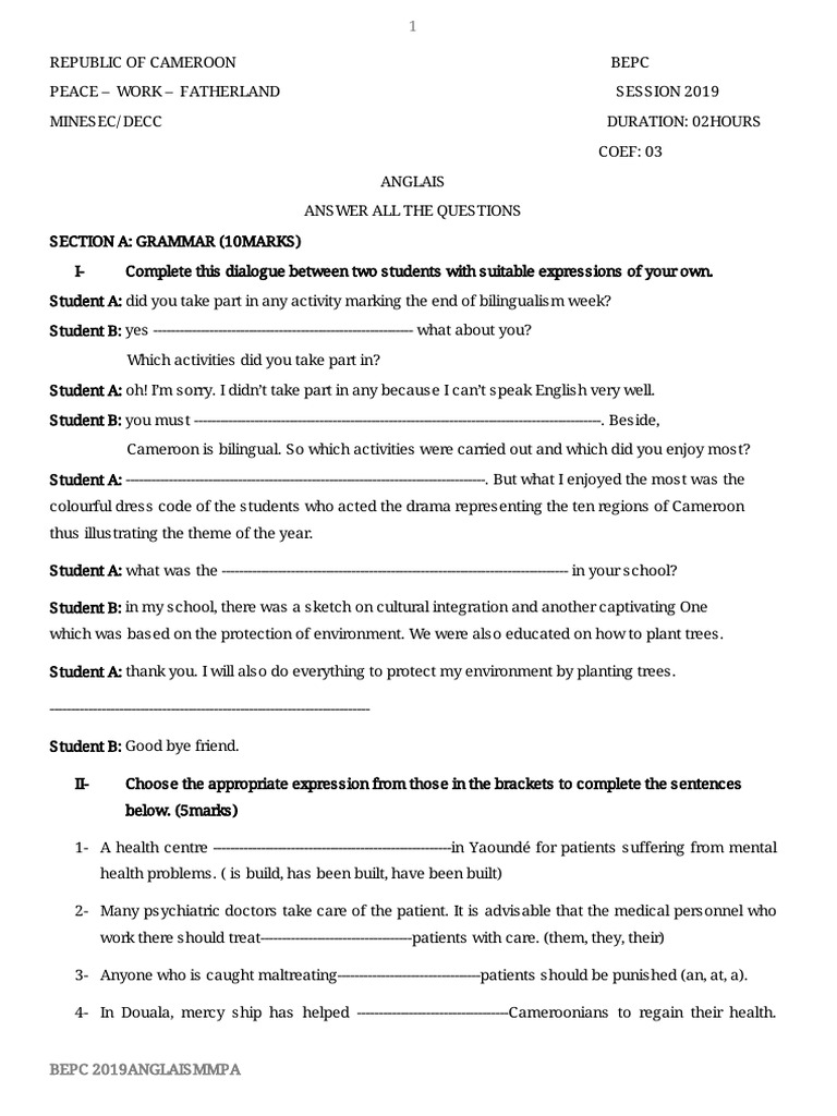 BEPC 2019 English Exam Paper | PDF