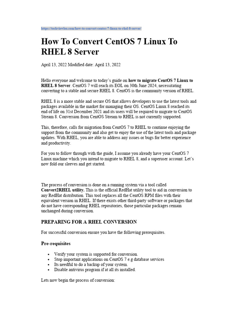 How To Convert CentOS 7 Linux To RHEL 8 Server | PDF | Computers