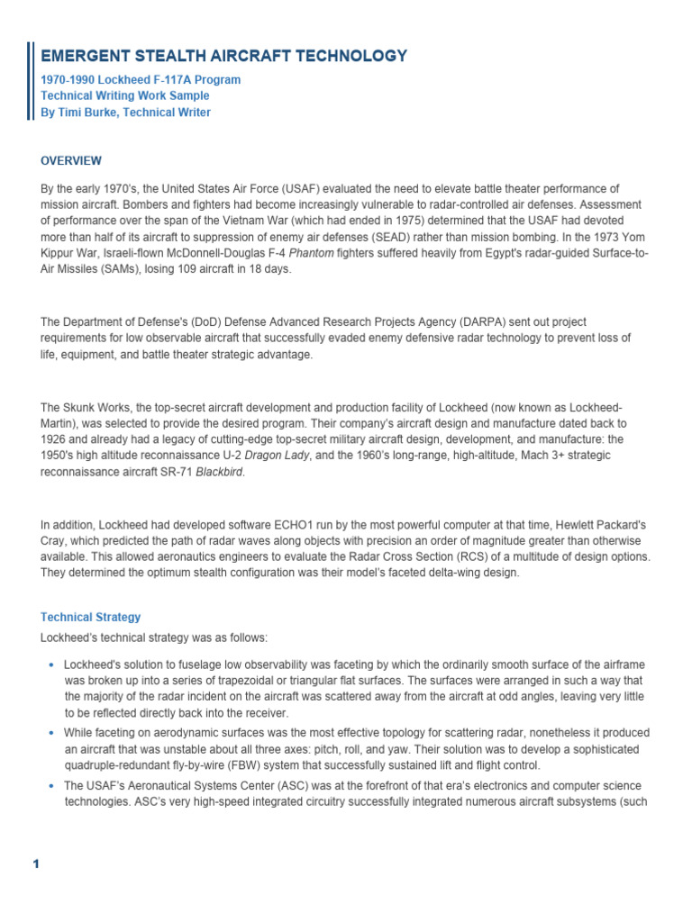 Emergent Stealth Aircraft Technology-Lockheed's F-117A PDF | PDF | Transport | Aircraft