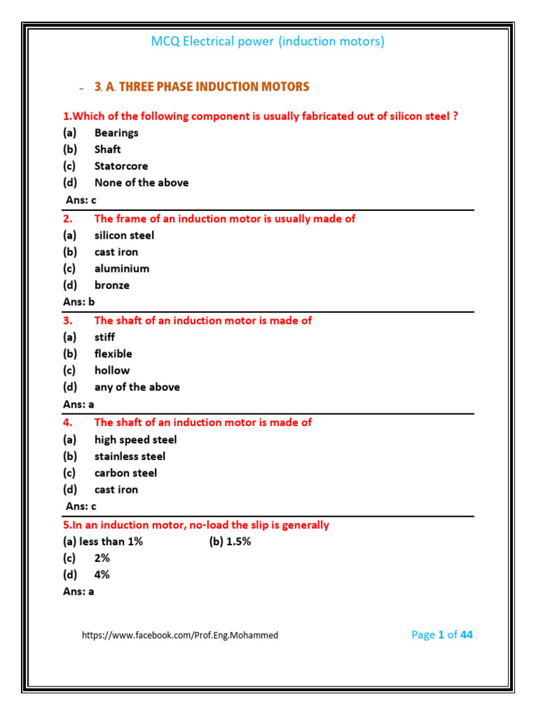 MCQ Electrical Induction Motor | PDF | Electric Motor | Electrical Engineering